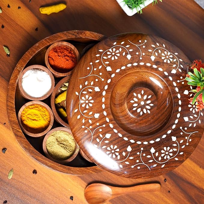 Wood Eclat Round Wooden Masala Box with Spoon - Handmade Spice ...